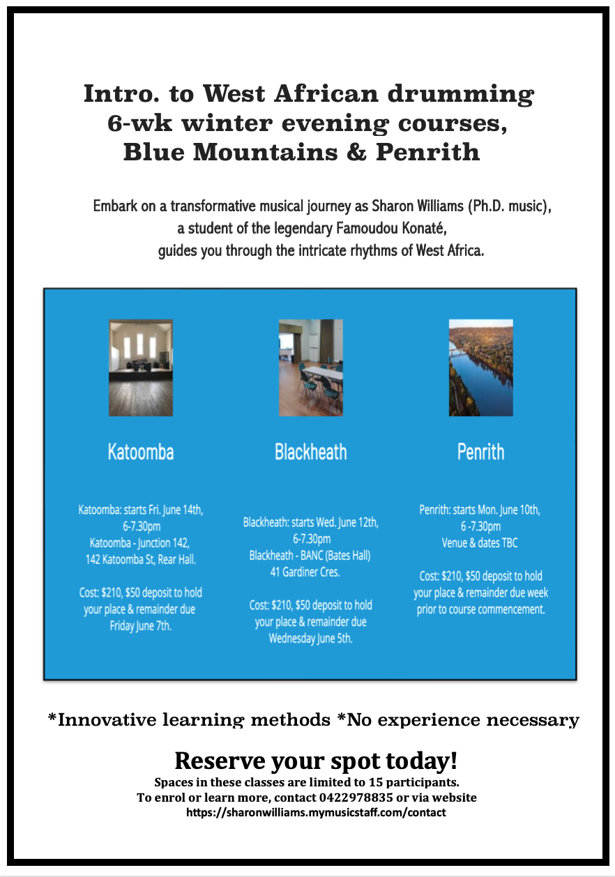 Intro. to West African drumming 6-wk winter evening courses, Blue ...